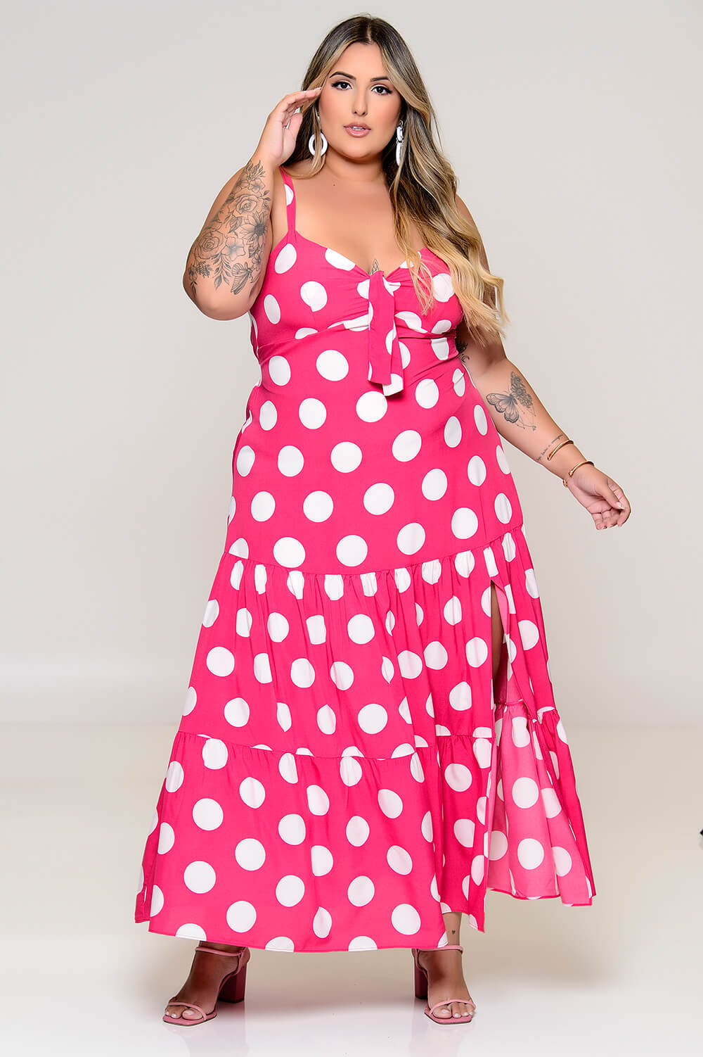 Vestido Plus Size Longo Poá Pink Vk Moda Plus Size