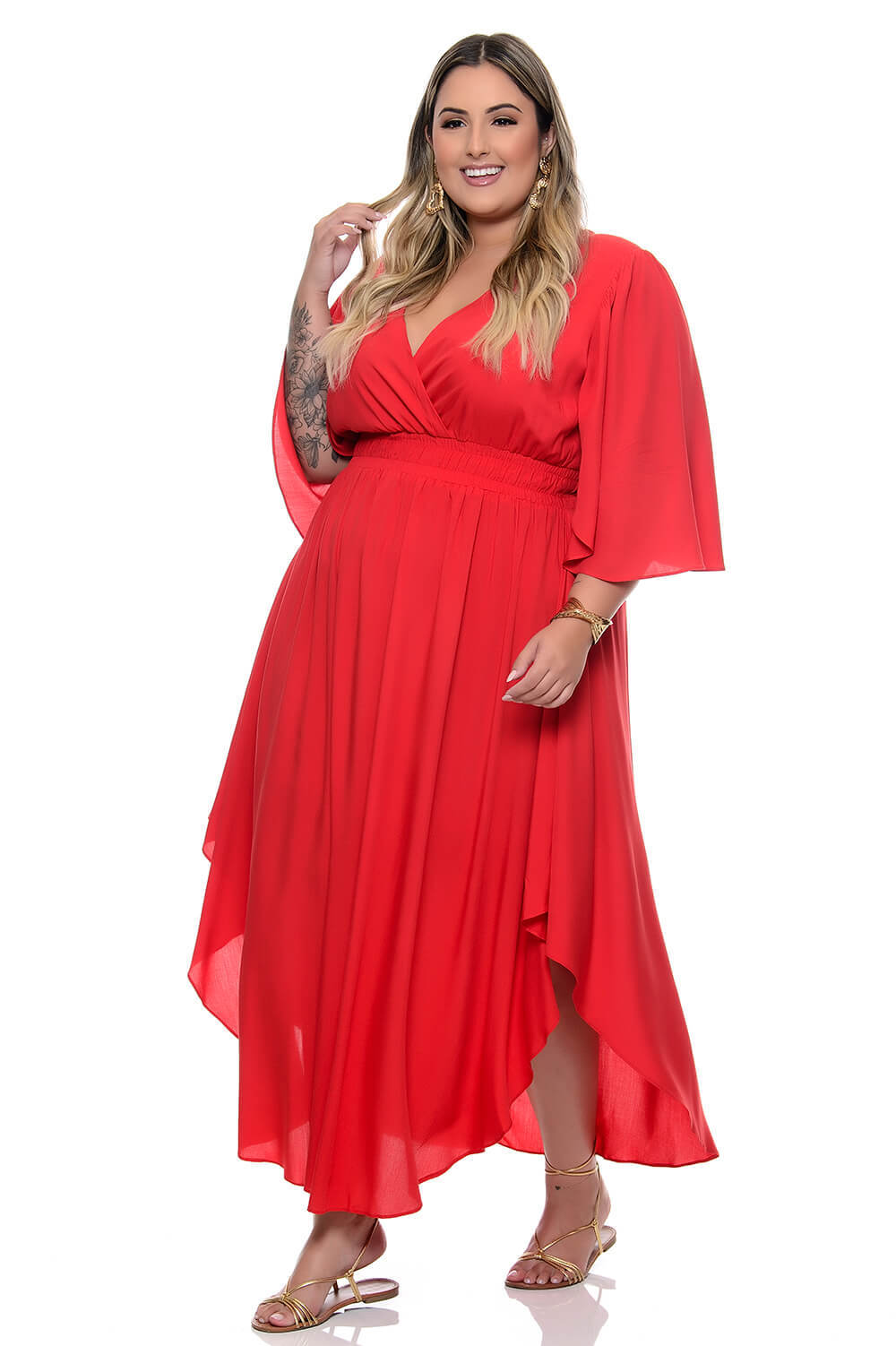 Vestido Plus Size Transpassado Assimétrico Vermelho Vk Moda Plus Size