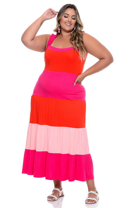 Vestido Longo Plus Size Color Block Laranja Vk Moda Plus Size